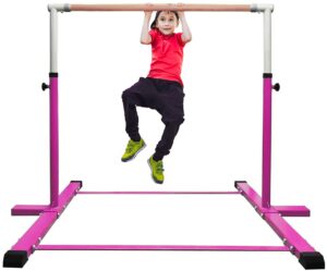 sl power gymnastic kip bar,horizontal bar for kids girls junior,3' to 5' adjustable height,home gym equipment,ideal for indoor and home training,1-4 levels,300lbs weight capacity (pink)