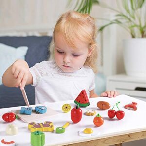 iPlay, iLearn Wooden Pretend Play Food, Cutting Cooking Set W/ Chopping Board, Kitchen Vegetables Fruit Magnetic Toy, Early Learning Educational Gifts for 3, 4, 5, 6 Year Old Kids, Toddler, Boy, Girl