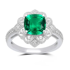 jewelili sterling silver 8x8 mm cushion shape created emerald and 1/6 cttw natural white round diamond ring, size 7