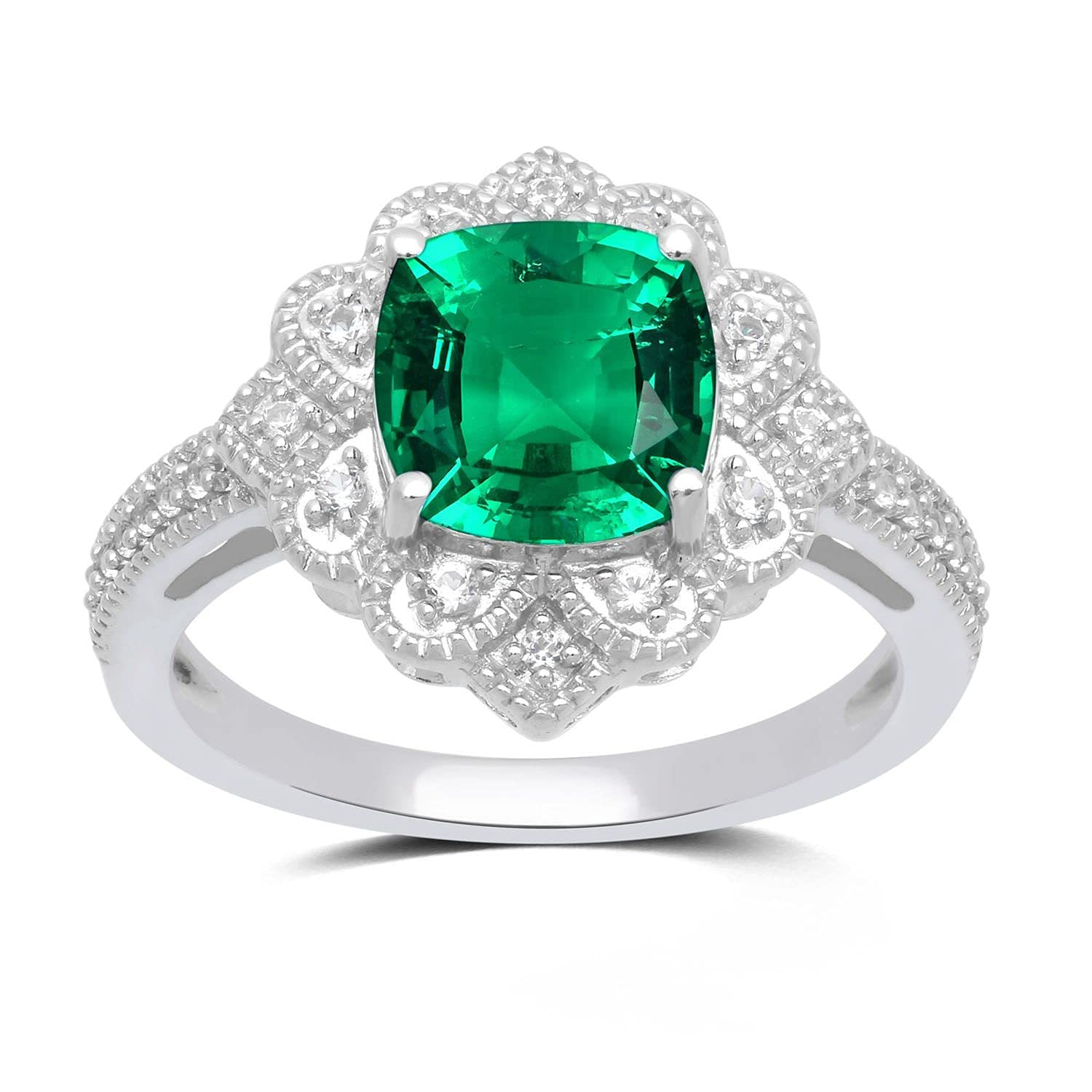 Jewelili Sterling Silver 8x8 MM Cushion Shape Created Emerald and 1/6 Cttw Natural White Round Diamond Ring, Size 7