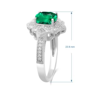 Jewelili Sterling Silver 8x8 MM Cushion Shape Created Emerald and 1/6 Cttw Natural White Round Diamond Ring, Size 7