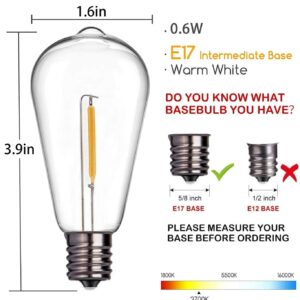 10 Pack Edison LED Light Bulbs, 0.6 watt E17 Screw Base Replacement Bulbs, LED Shatterproof Bulbs ST40 Clear Plastic Light Bulbs for Christmas Outdoor Patio ST40 String Lights, Warm White