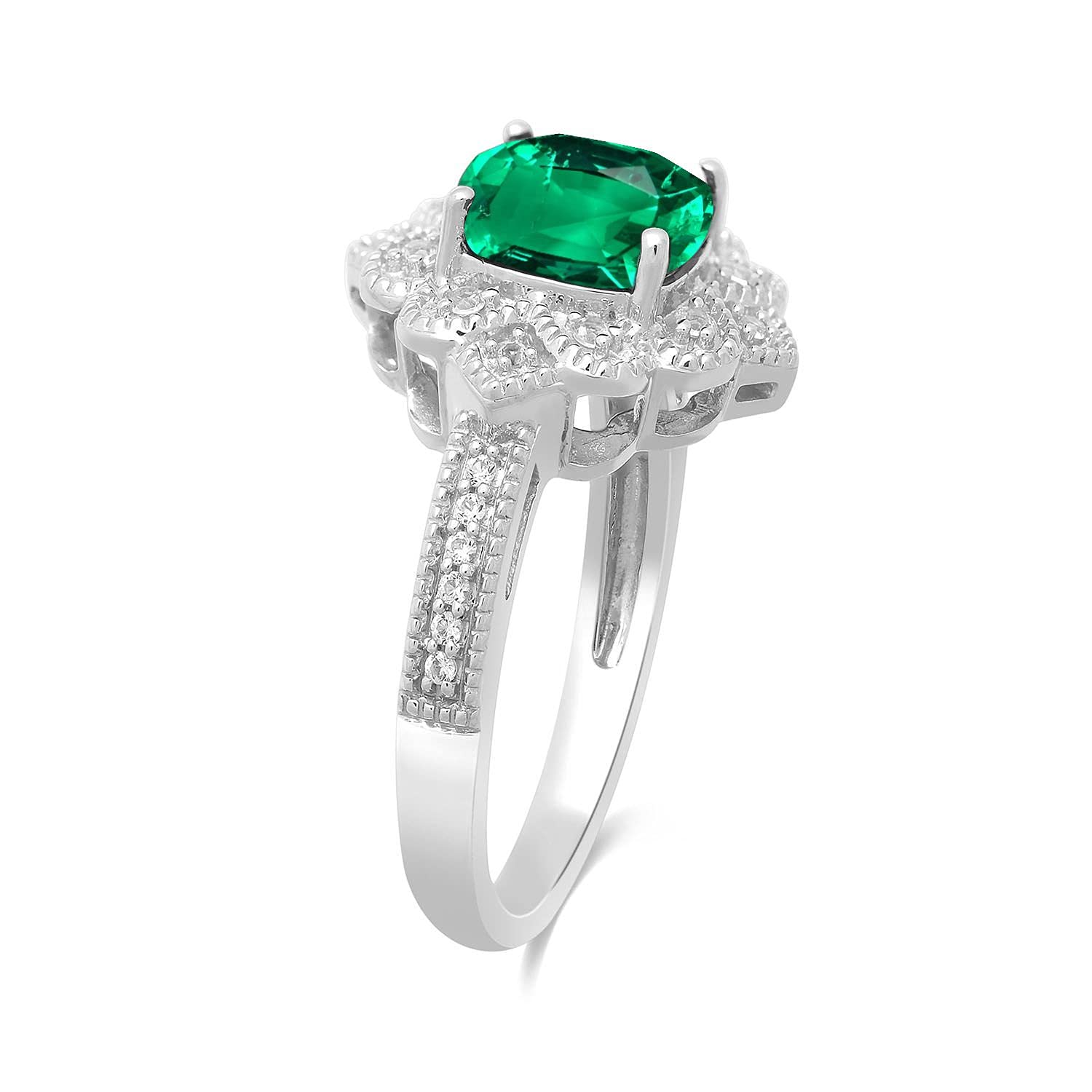 Jewelili Sterling Silver 8x8 MM Cushion Shape Created Emerald and 1/6 Cttw Natural White Round Diamond Ring, Size 7