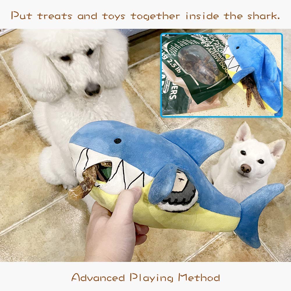 Upgraded Hide and Seek Interactive Plush Dog Toy, Durable Squeaky Crinkle Puzzle Sniffing Type Toys for Small Medium Large Dogs, 4 Toys in 1 Big Toy (Shark 13'')