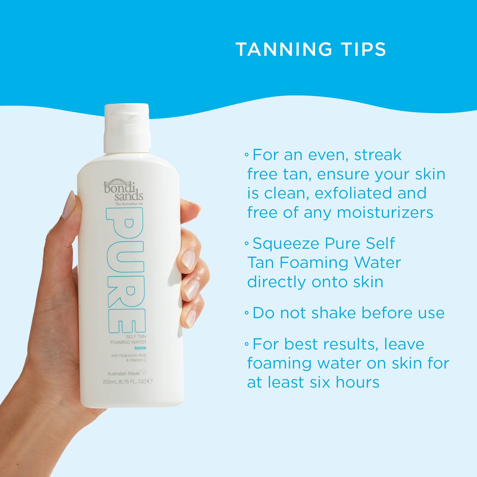 Bondi Sands PURE Dark Self-Tanning Foaming Water | Hydrates with Hyaluronic Acid for a Flawless Tan, Fragrance Free, Cruelty Free, Vegan | 6.76 Oz/200 mL