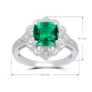 Jewelili Sterling Silver 8x8 MM Cushion Shape Created Emerald and 1/6 Cttw Natural White Round Diamond Ring, Size 7