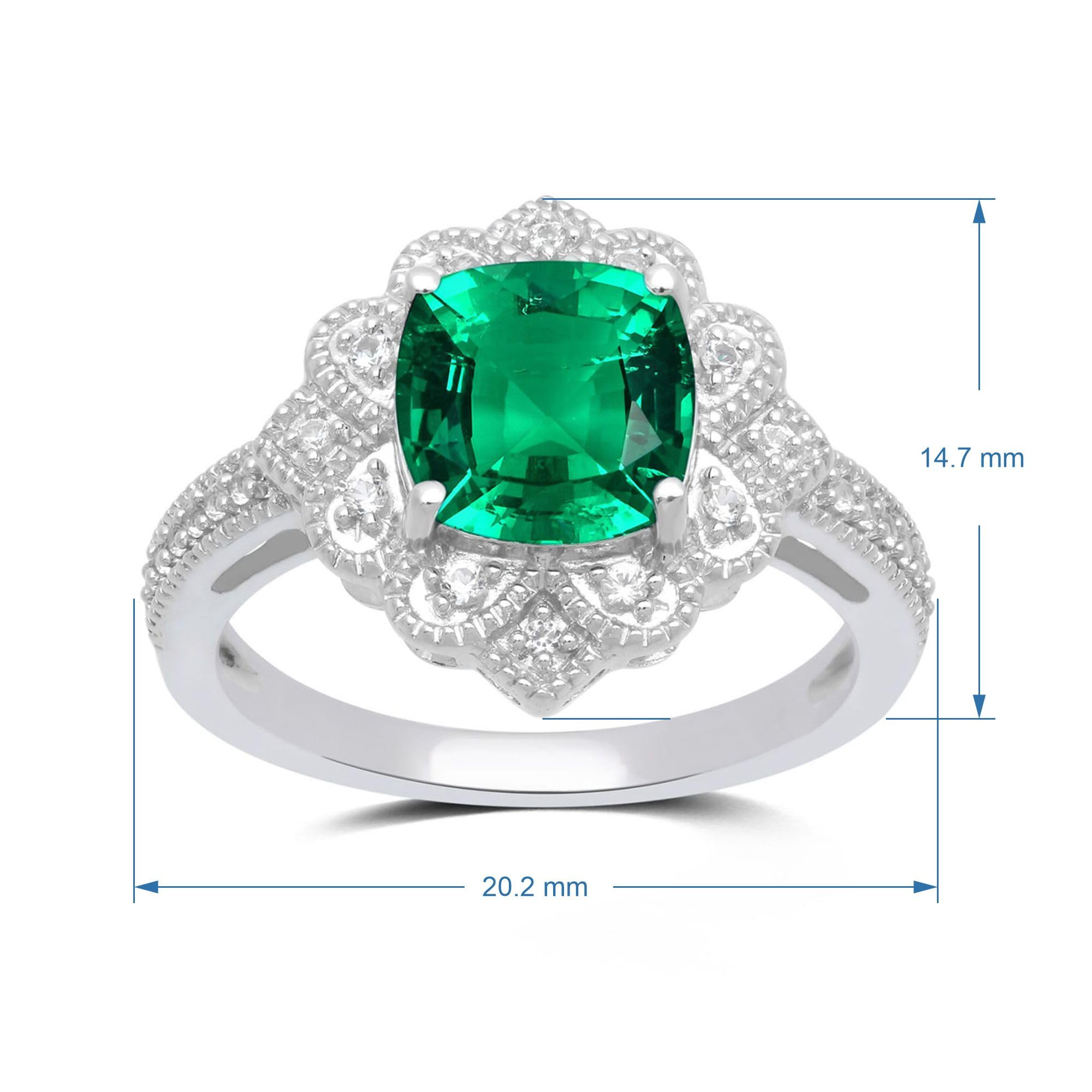 Jewelili Sterling Silver 8x8 MM Cushion Shape Created Emerald and 1/6 Cttw Natural White Round Diamond Ring, Size 7