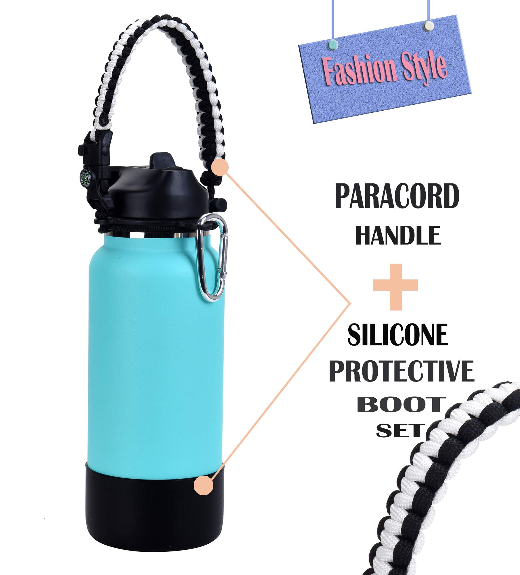 LX-SUNCX Paracord Handle for 2020 Hydro Flask 2.0 Wide Mouth Water Bottles(12oz-40oz),Durable & Secure Accessories Carrier,Plus a Protective Silicone Boot ((WhiteBlack)/Black, 32oz-40oz)