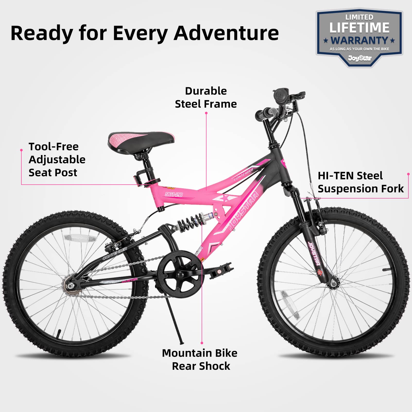 JOYSTAR Contender 20 Inch Kids Bike for Boys & Girls Ages 7-13 Years 20" Mountain Bike with Full Dual-Suspension Steel Frame and 1-Speed Drivetrain with Kickstand Pink