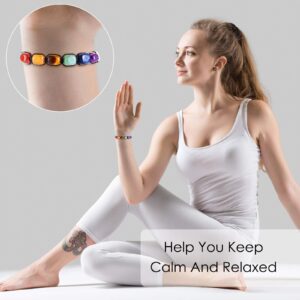 Hicarer 2 Pcs 7 Chakra Reiki Healing Crystal Stretch Bracelets Natural Gemstone Relief Yoga Bracelets Braided Rope Bracelets Healing Bead Bracelets Anxiety Bracelet for Women(Rectangle Beads)