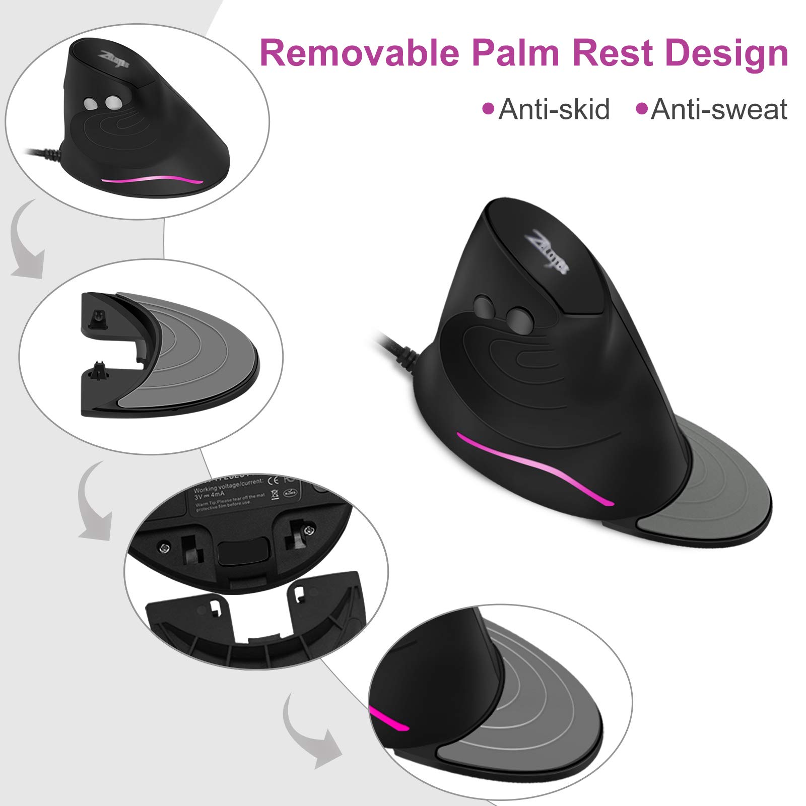 TRELC Vertical Ergonomic Optical Mouse with 6 Programmable Buttons, 800-3200 DPI, Removable Palm Rest, Reduces Wrist Pain, RGB Vertical Mice Wired for PC, Desktop, Laptop (Wired)