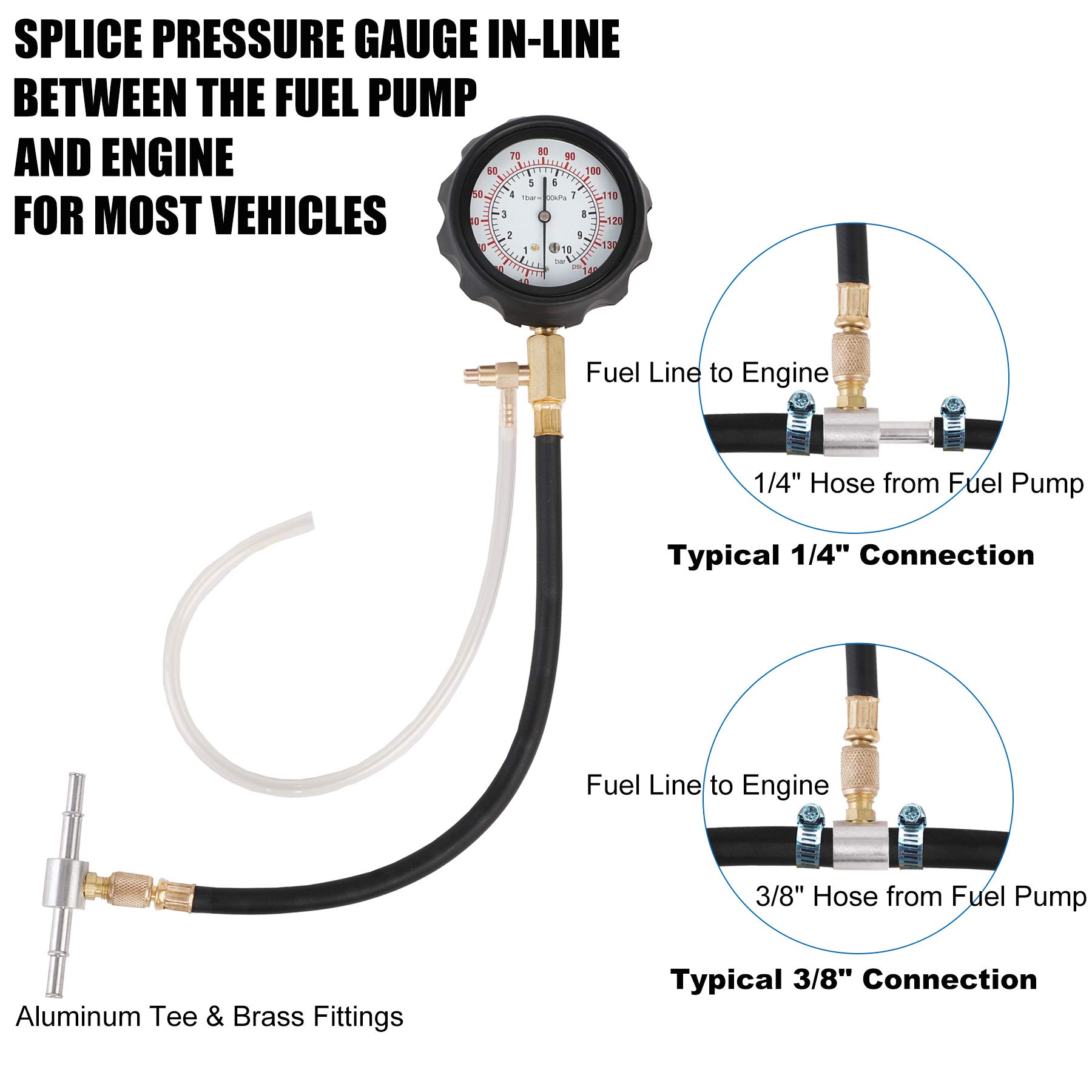 JIFETOR Fuel Injection Pump Pressure Test Gauge Set, Automotive Gas Gasoline Fuel Oil Injector Tester Tool Kit 0-140PSI, with Schrader Adapters Universal Compatible with Ford Auto Car Truck Motorcycle