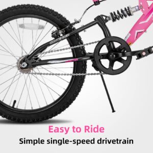 JOYSTAR Contender 20 Inch Kids Bike for Boys & Girls Ages 7-13 Years 20" Mountain Bike with Full Dual-Suspension Steel Frame and 1-Speed Drivetrain with Kickstand Pink