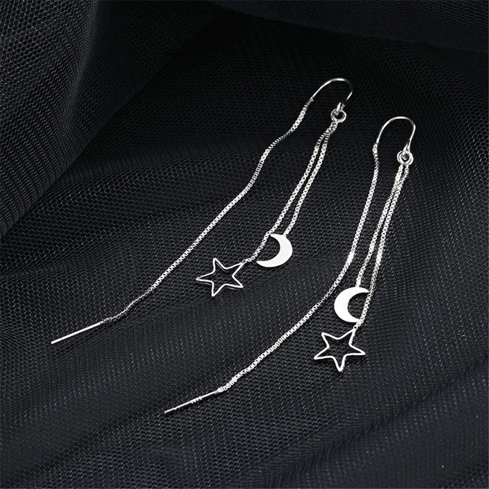 Tassel Moon Star Threader Drop Dangle Earrings for Women Cute Hollow Star Sterling Silver Plated Long Chain Hanging Earrings Minimalist Dangling Hypoallergenic Piercing Gifts Daughter Birthday