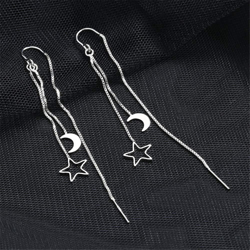 Tassel Moon Star Threader Drop Dangle Earrings for Women Cute Hollow Star Sterling Silver Plated Long Chain Hanging Earrings Minimalist Dangling Hypoallergenic Piercing Gifts Daughter Birthday