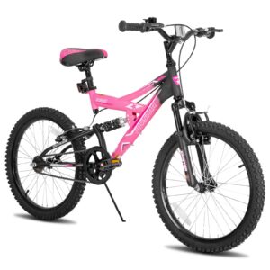 joystar contender 20 inch kids bike for boys & girls ages 7-13 years 20" mountain bike with full dual-suspension steel frame and 1-speed drivetrain with kickstand pink