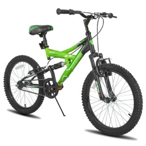 joystar contender 20 inch kids bike for boys & girls ages 7-13 years 20" mountain bike with full dual-suspension steel frame and 1-speed drivetrain with kickstand green