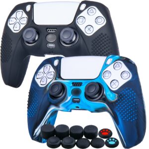 yorha studded silicone cover skin case for ps5 controller x 2(black+camouflage blue) with pro thumb grips x 10