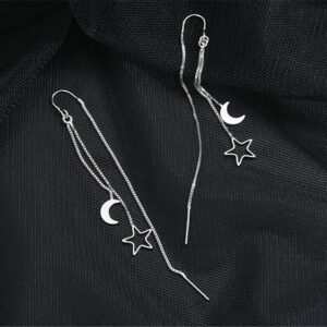 Tassel Moon Star Threader Drop Dangle Earrings for Women Cute Hollow Star Sterling Silver Plated Long Chain Hanging Earrings Minimalist Dangling Hypoallergenic Piercing Gifts Daughter Birthday