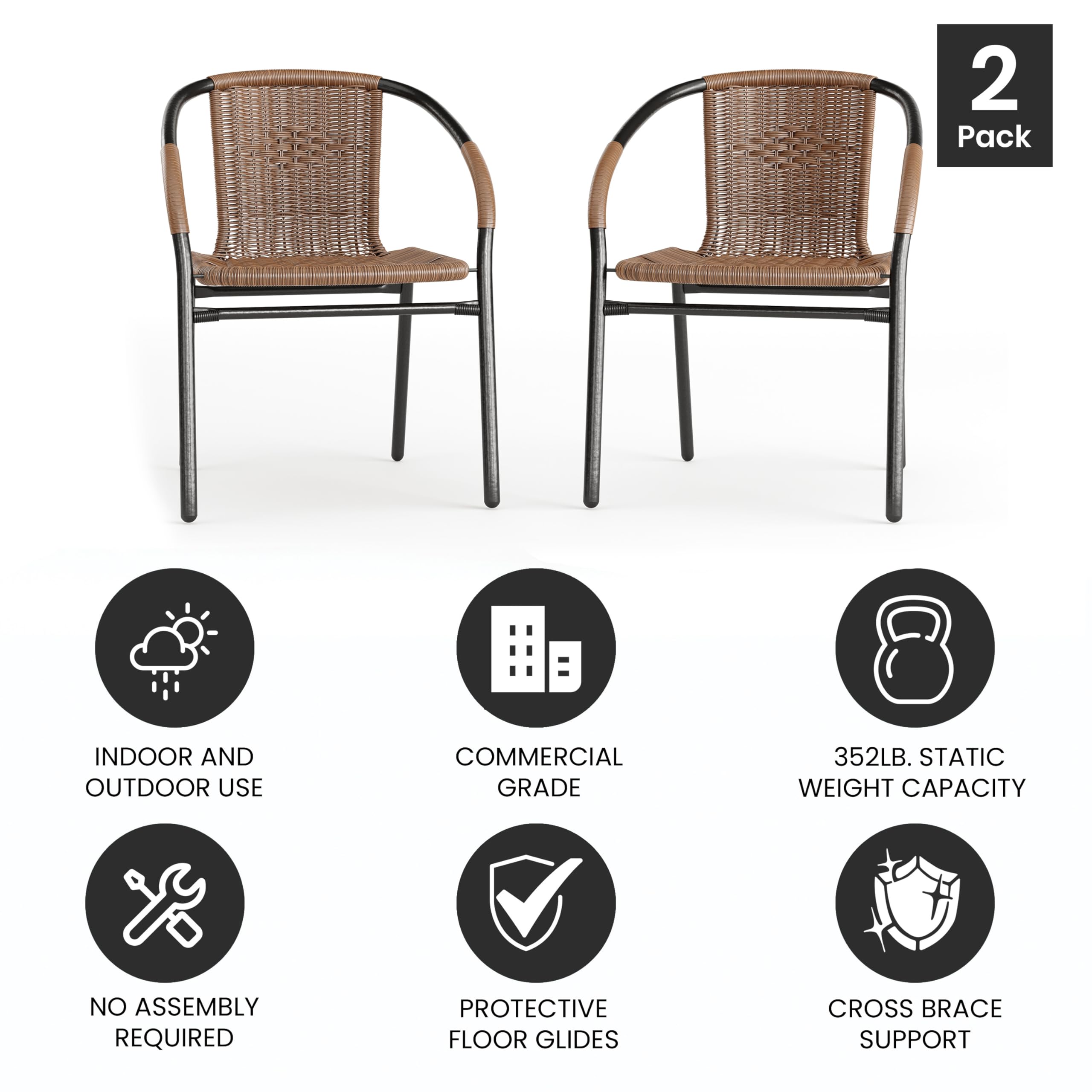 EMMA + OLIVER 2 Pack Medium Brown Rattan Indoor-Outdoor Restaurant Stack Chair