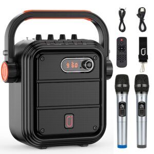 jyx karaoke machine with 2 uhf wireless microphones, portable bluetooth speaker pa system with shoulder strap, subwoofer support tws, radio, aux in, rec, bass&treble for party/meeting/adults/kids