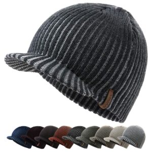 zowya brim beanie hat for men & women warm winter skully cap daily visor beanie thick billed hats winter hats with brim vintage acrylic contrast color (grey)