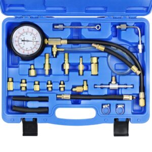 jifetor fuel injection pump pressure test gauge set, automotive gas gasoline fuel oil injector tester tool kit 0-140psi, with schrader adapters universal compatible with ford auto car truck motorcycle