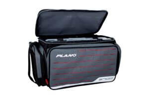 plano weekend series 3700 tackle case, large, gray fabric, includes 2 stowaway utility storage boxes for fishing baits & lures, premium soft fishing storage