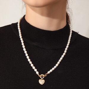 Cowlyn Love Heart Necklaces Pendant Pearl Chain 14K Gold Plated Mothers Valentine Gift Women Handmade Mom Jewelry