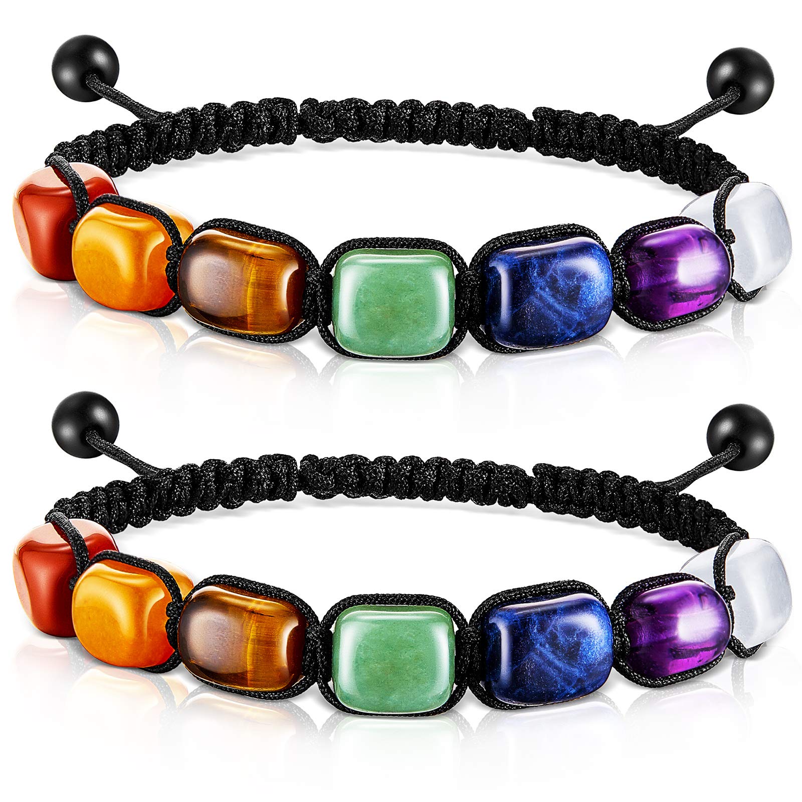 Hicarer 2 Pcs 7 Chakra Reiki Healing Crystal Stretch Bracelets Natural Gemstone Relief Yoga Bracelets Braided Rope Bracelets Healing Bead Bracelets Anxiety Bracelet for Women(Rectangle Beads)