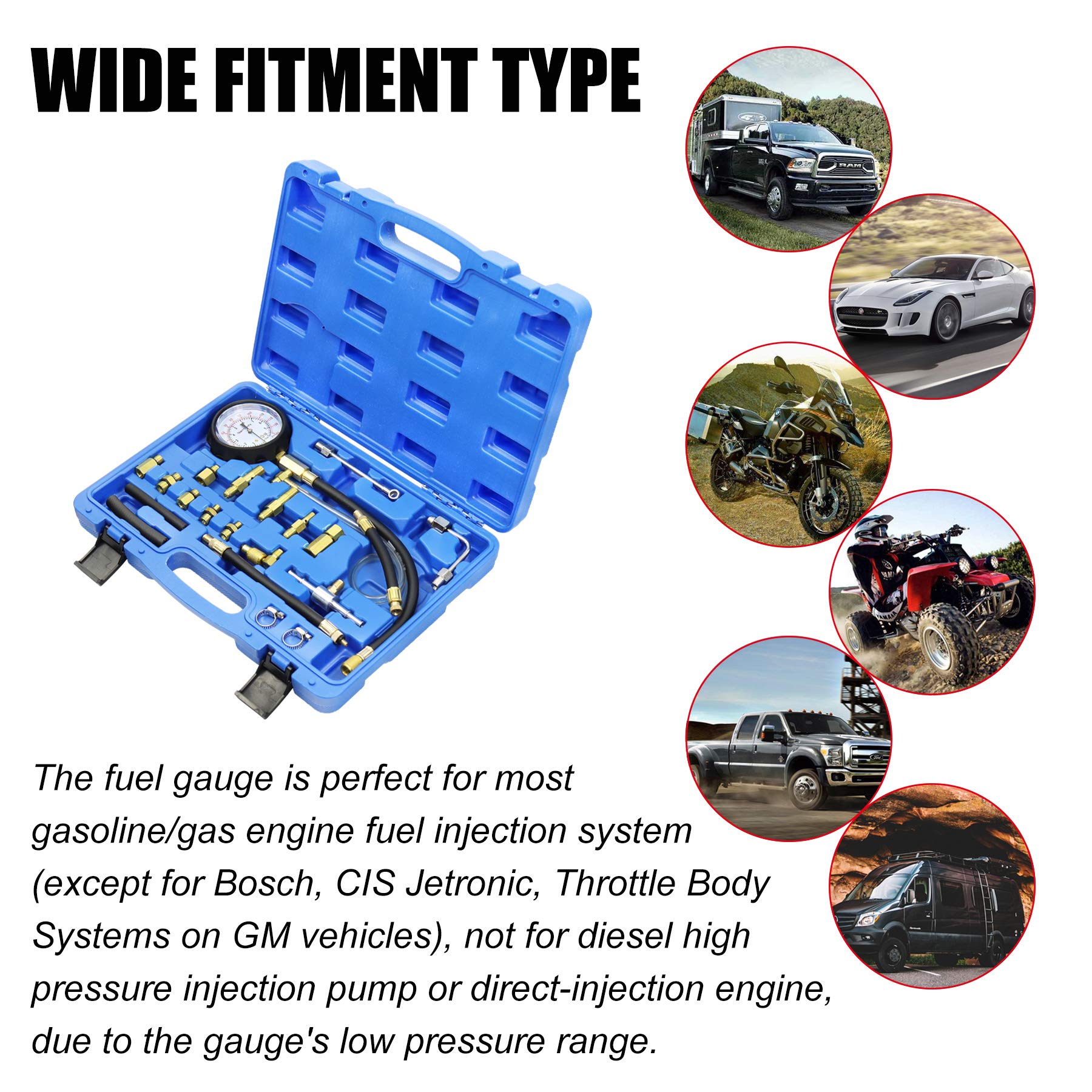 JIFETOR Fuel Injection Pump Pressure Test Gauge Set, Automotive Gas Gasoline Fuel Oil Injector Tester Tool Kit 0-140PSI, with Schrader Adapters Universal Compatible with Ford Auto Car Truck Motorcycle