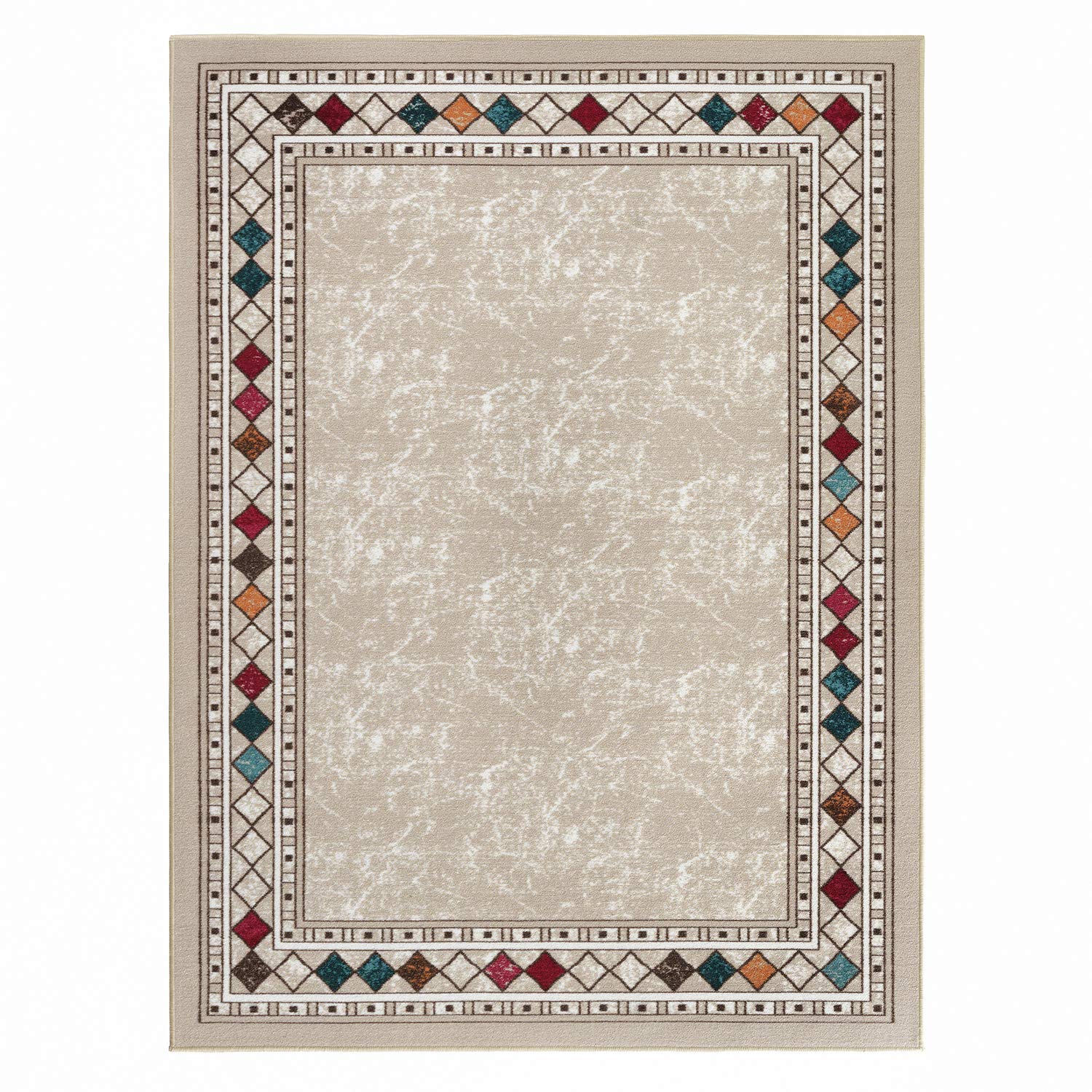 Antep Rugs Alfombras Modern Bordered 5x7 Non-Skid (Non-Slip) Low Profile Pile Rubber Backing Indoor Area Rugs (Beige, 5' x 7')