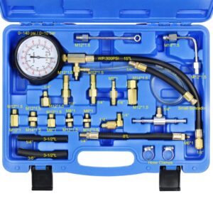 JIFETOR Fuel Injection Pump Pressure Test Gauge Set, Automotive Gas Gasoline Fuel Oil Injector Tester Tool Kit 0-140PSI, with Schrader Adapters Universal Compatible with Ford Auto Car Truck Motorcycle