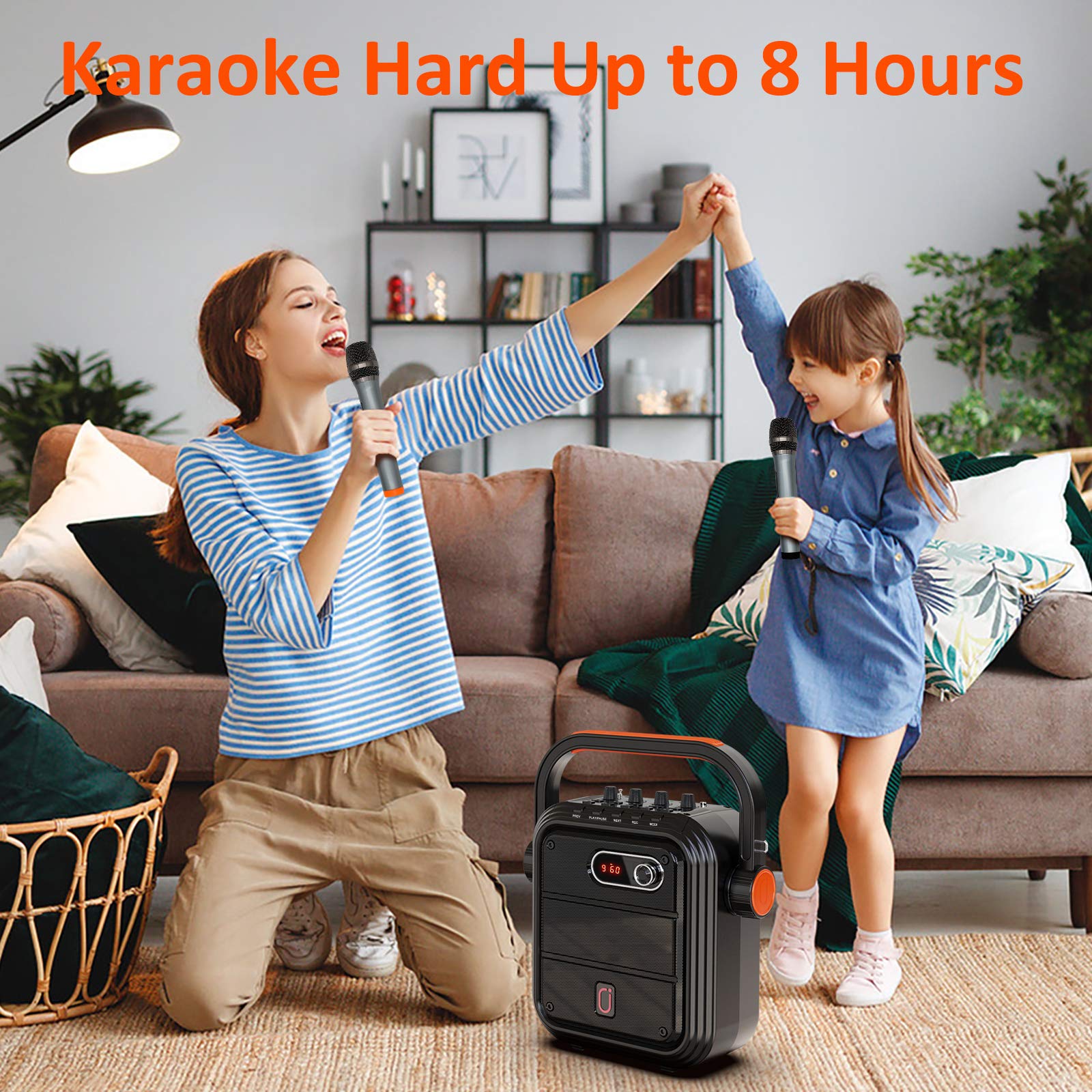 JYX Karaoke Machine with 2 UHF Wireless Microphones, Portable Bluetooth Speaker PA System with Shoulder Strap, Subwoofer Support TWS, Radio, AUX in, REC, Bass&Treble for Party/Meeting/Adults/Kids