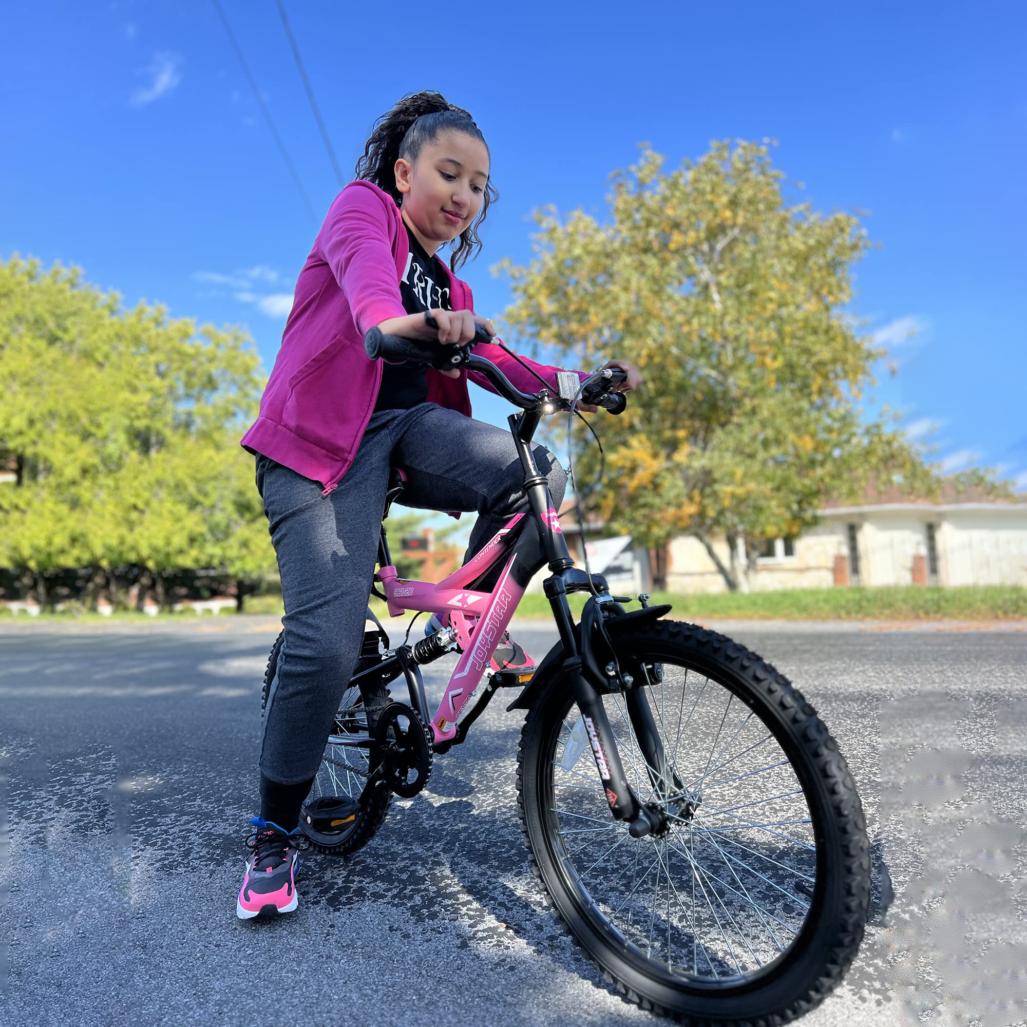 JOYSTAR Contender 20 Inch Kids Bike for Boys & Girls Ages 7-13 Years 20" Mountain Bike with Full Dual-Suspension Steel Frame and 1-Speed Drivetrain with Kickstand Pink