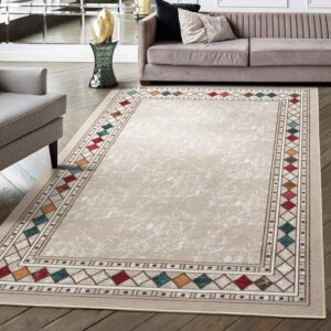 antep rugs alfombras modern bordered 5x7 non-skid (non-slip) low profile pile rubber backing indoor area rugs (beige, 5' x 7')