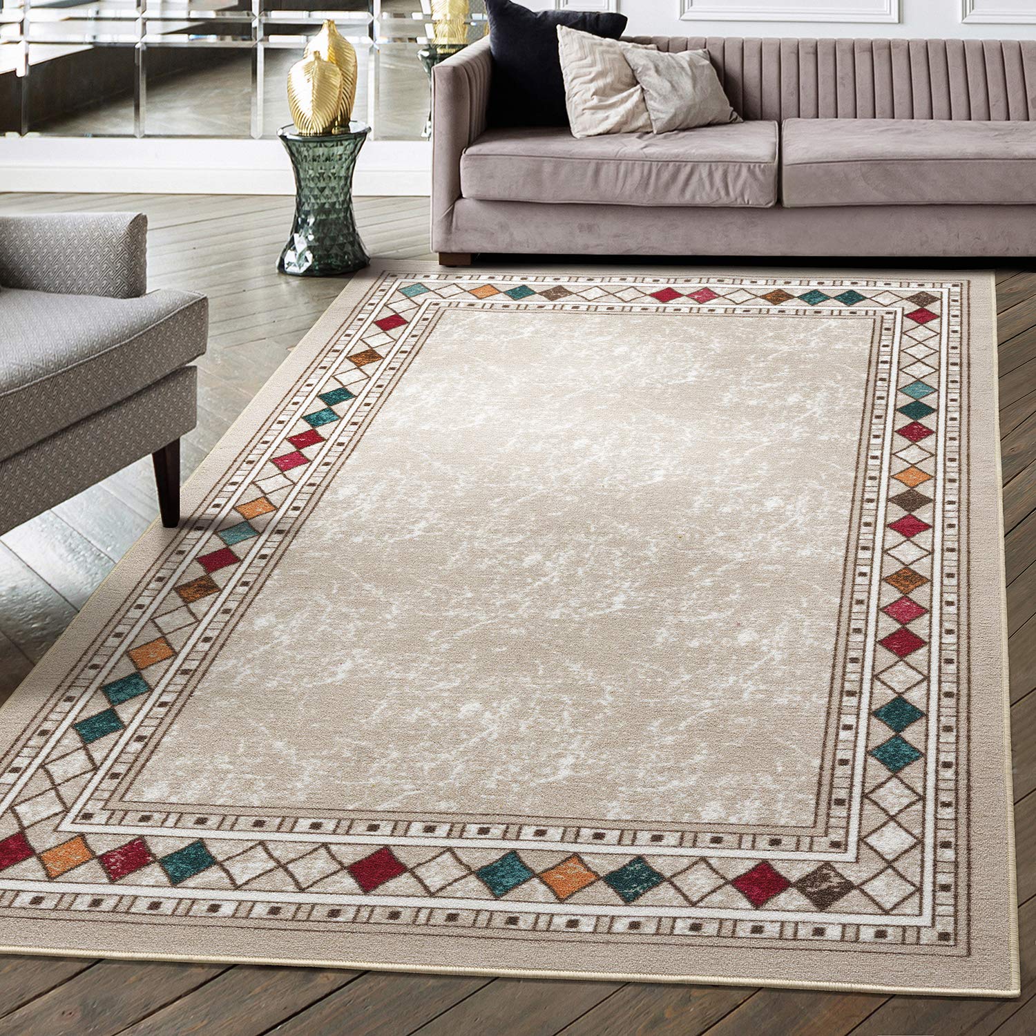 Antep Rugs Alfombras Modern Bordered 5x7 Non-Skid (Non-Slip) Low Profile Pile Rubber Backing Indoor Area Rugs (Beige, 5' x 7')