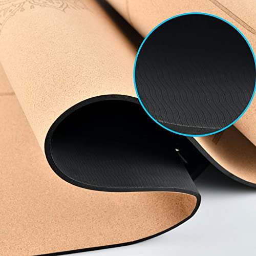 NUNET Cork Yoga Mat 6mm (1/4 inch) Thick Extra Wide 72'' x 26'' NonSlip, Lightweight TPE foam with Alignment Lines, Great for Hot Yoga, Pilates, Gym and Exercise, Black Carrying Strap Included (BLACK)