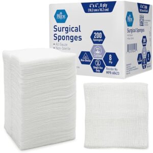 med pride surgical sponges 200 pack 4'' x 4'', 8 ply -gauze pads non sterile -first aid wound care dressing sponge woven medical nonstick, non adherent mesh scrubbing bandages disposable, absorbent