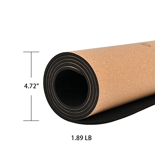 NUNET Cork Yoga Mat 6mm (1/4 inch) Thick Extra Wide 72'' x 26'' NonSlip, Lightweight TPE foam with Alignment Lines, Great for Hot Yoga, Pilates, Gym and Exercise, Black Carrying Strap Included (BLACK)