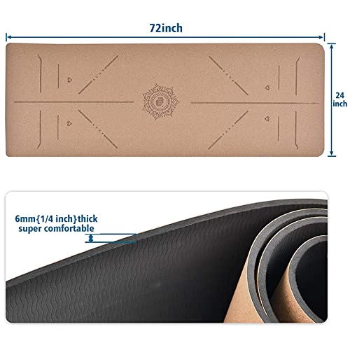 NUNET Cork Yoga Mat 6mm (1/4 inch) Thick Extra Wide 72'' x 26'' NonSlip, Lightweight TPE foam with Alignment Lines, Great for Hot Yoga, Pilates, Gym and Exercise, Black Carrying Strap Included (BLACK)