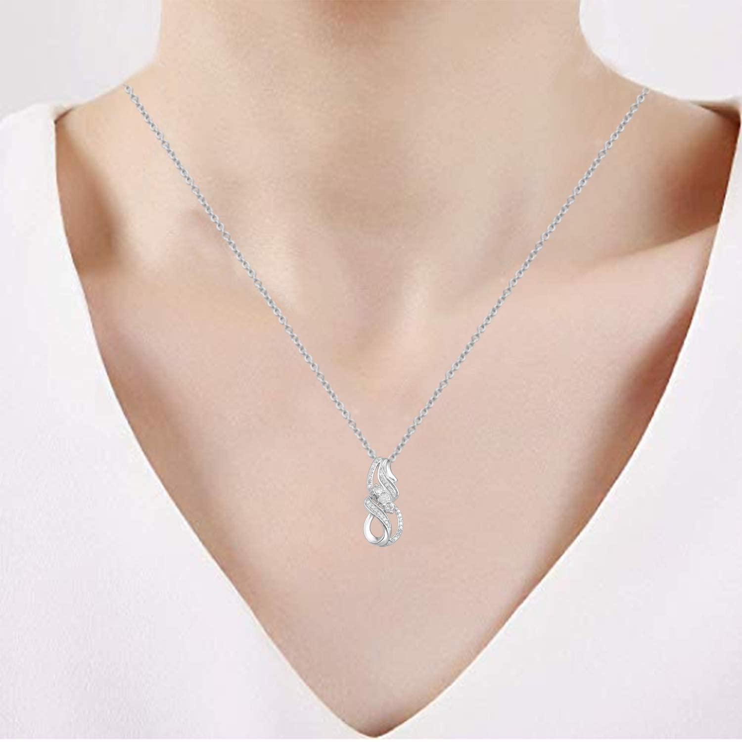 Jewelili Sterling Silver 1/4 Cttw Natural White Round Diamond Pendant Necklace, 18" Rolo Chain