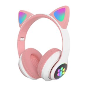 uxely girl wireless gaming headset, cute cat ear headset with led lights, noise cancelling stereo gaming headphones, fashion bluetooth 5.0 headset for kids & adults wearing