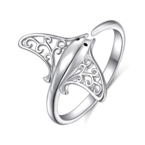 ladytree s925 sterling silver stingray sea animal open ring manta ray tree of life adjustable bypass nature ocean ring,size 7