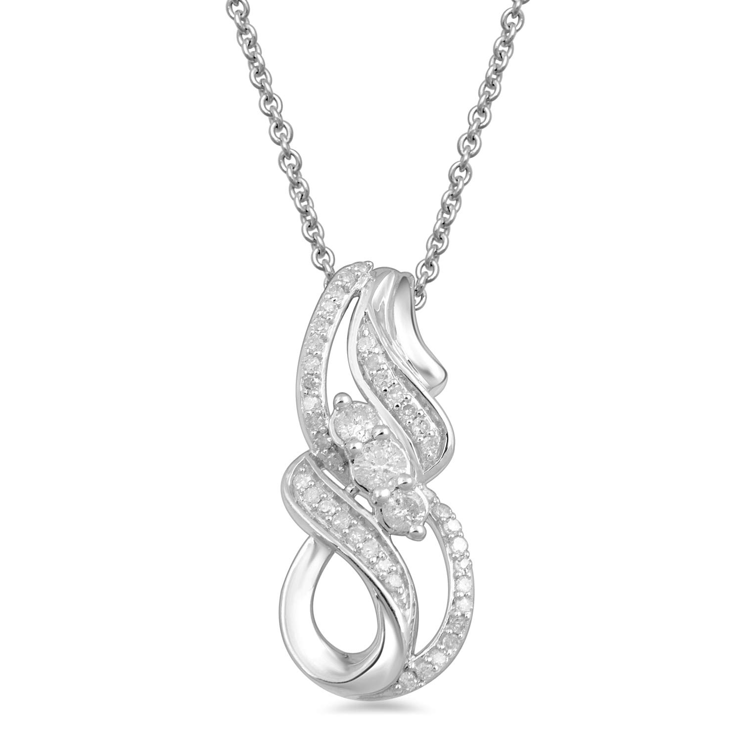 Jewelili Sterling Silver 1/4 Cttw Natural White Round Diamond Pendant Necklace, 18" Rolo Chain