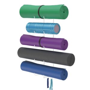 wallniture guru foam roller & yoga mat holder wall mount with 3 hooks for hanging yoga strap, resistance bands, 5-sectional metal (white)