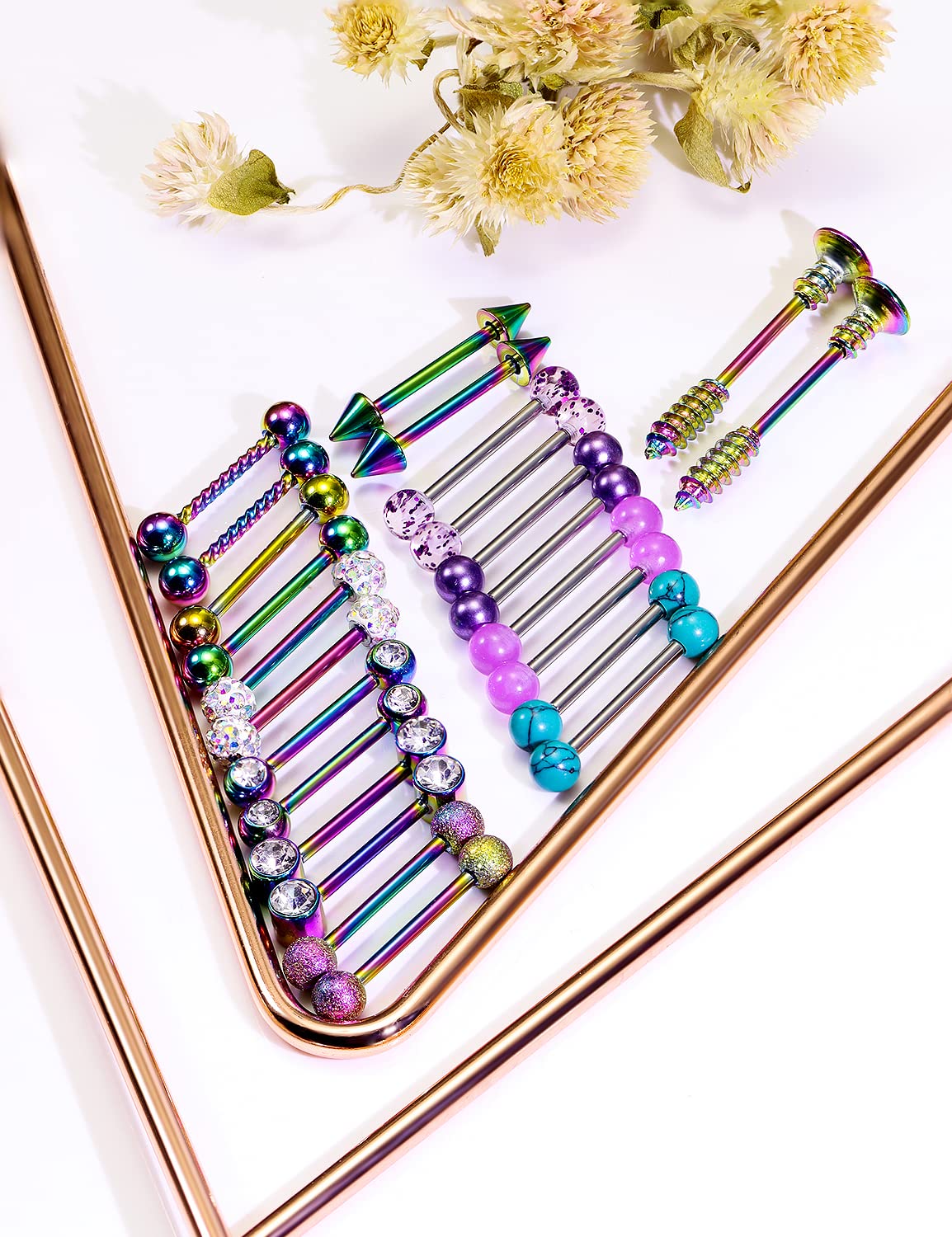 Kadogohno Rainbow Nipple Rings for Women Green Nipple Piercing Jewelry 14G Nipple Rings Surgical Steel Screw Dangle Nipplerings Nipple Shield Barbell Body Piercing Jewelry Set 5/8 Inch 16mm 12 Pairs