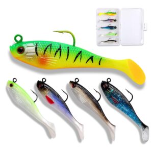 soft fishing lures with lead head hook, slow sinking,jerking, freshwater or saltwater swimmer for bass trout pike fishing kit with tackle boxes (5pcs)