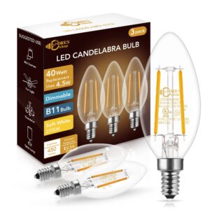 doresshop dimmable e12 candelabra led bulbs 40 watt equivalent, 2700k warm white, 4.5w clear filament led chandelier light bulbs, 450lm, b11 vintage ceiling fan light bulb with flame tip, 3-pack