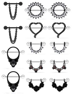 kadogohno black nipple rings for women nipple piercing jewelry 14g nipple rings surgical steel screw dangle nipplerings nipple shield ring barbell body piercing jewelry set 5/8 inch 16mm 7 pairs